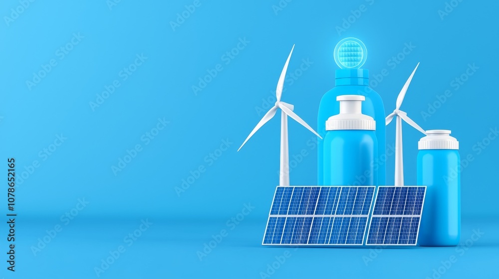 A field of solar panels harnesses the sun s rays to power a floating battery icon celebrating ...