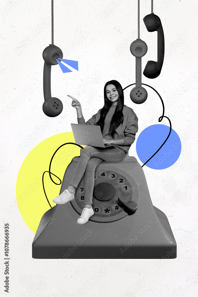 Vertical photo collage of happy freelancer girl sit telephone point ...