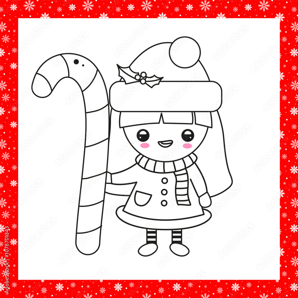Christmas coloring book page with cute little girl in Santa costume ...