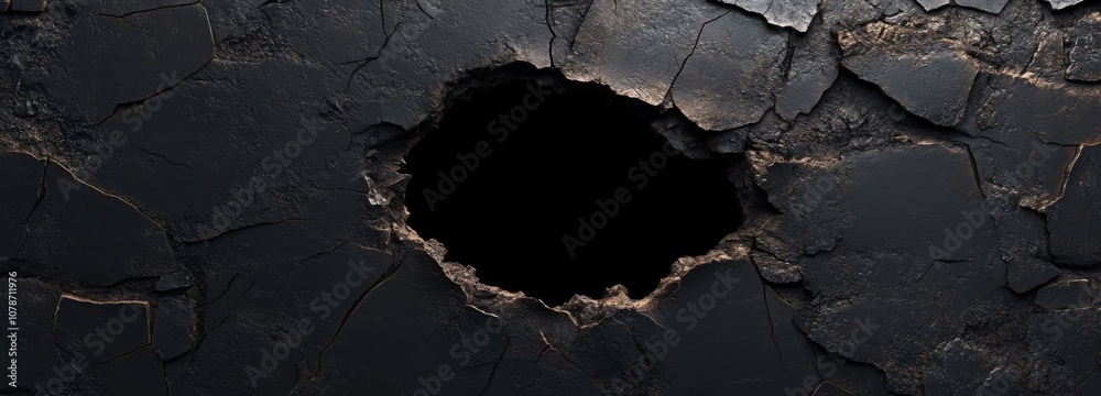 Black broken concrete wall or ground. Realistic 3d cracks and holes ...