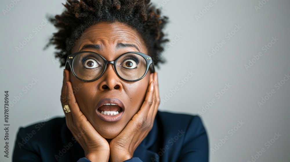 Portrait of a professional woman with glasses expressing shock and ...