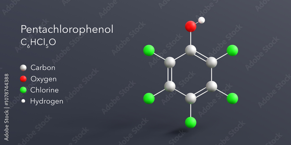 pentachlorophenol molecule 3d rendering, flat molecular structure with ...