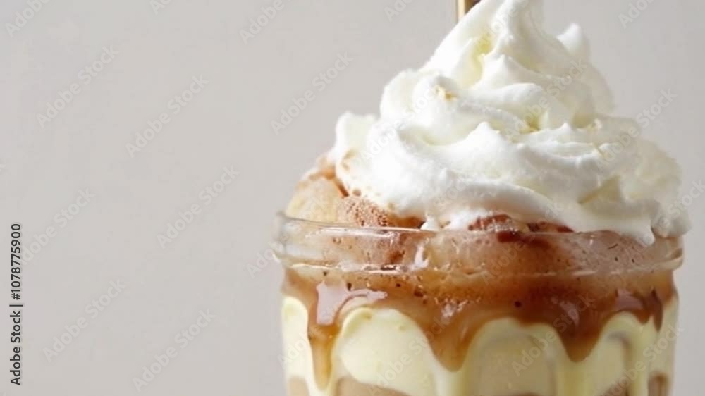 close-up of frappuccino with white chocolate drizzle and frothy whipped ...