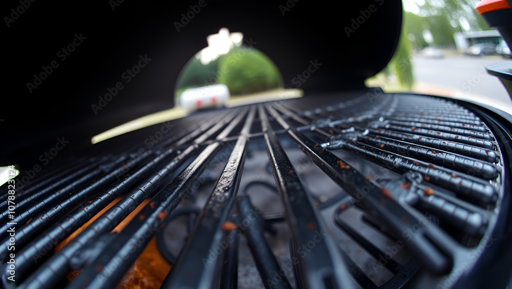 fisheye,barbecue, grill, grate, empty, A close up photo of a clean ...