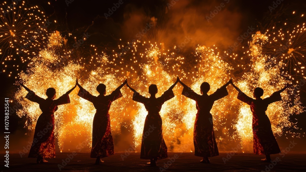 Sparkling fireworks in the night sky, traditional dance below ...