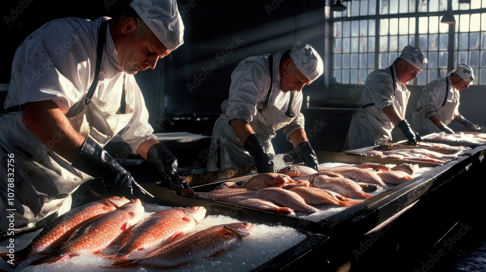 Workers in white uniforms carefully filleting fish in a well-lit ...