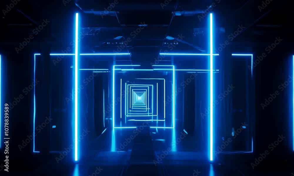 Abstract tunnel, corridor with rays of blue light and neon highlights ...