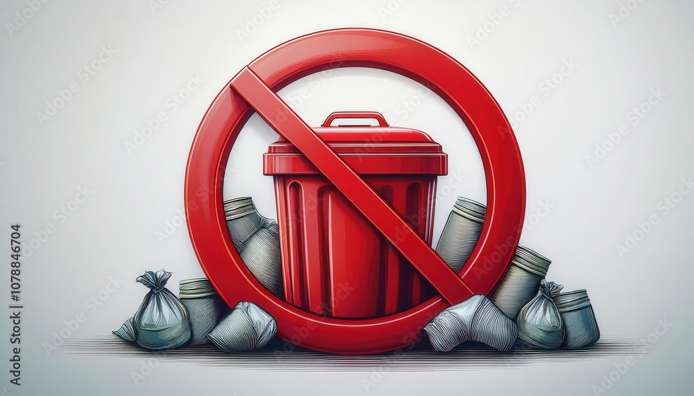 No Trash Zone Concept. Red Prohibition Symbol Over Trash Can ...