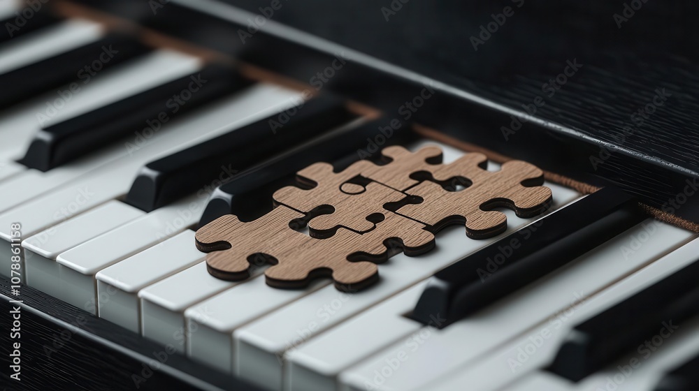 Wooden puzzle in the shape of musical notes, placed on a grand piano ...