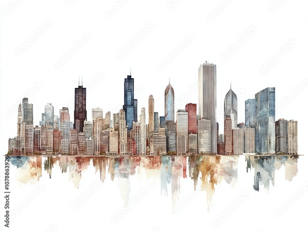 A detailed watercolor painting of the Chicago skyline against a white ...