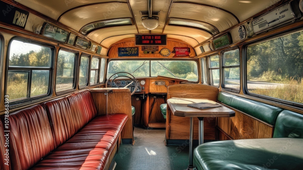The interior of a vintage bus with wooden paneling, red leather seating ...