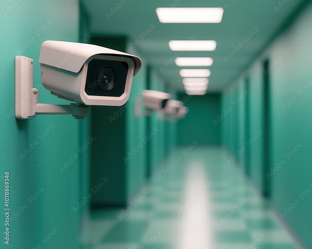 Office corridor with ceilingmounted CCTV cameras, motionactivated ...