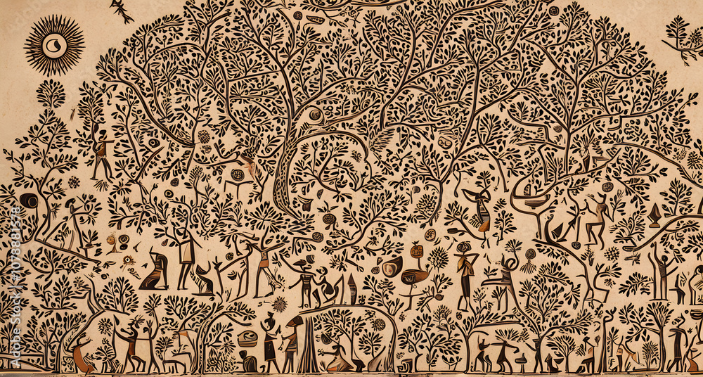 Warli figures worshipping nature, surrounded by symbolic trees, sun ...