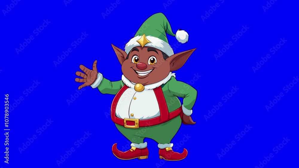 Animated character of a Santa Claus african Christmas elve who greets ...