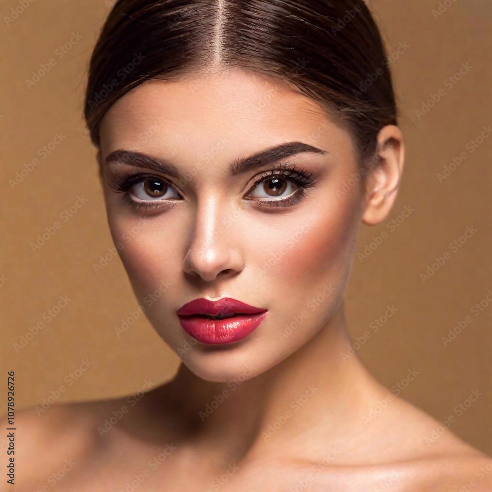 Create a woman picture.The face is a harmonious with delicate features ...