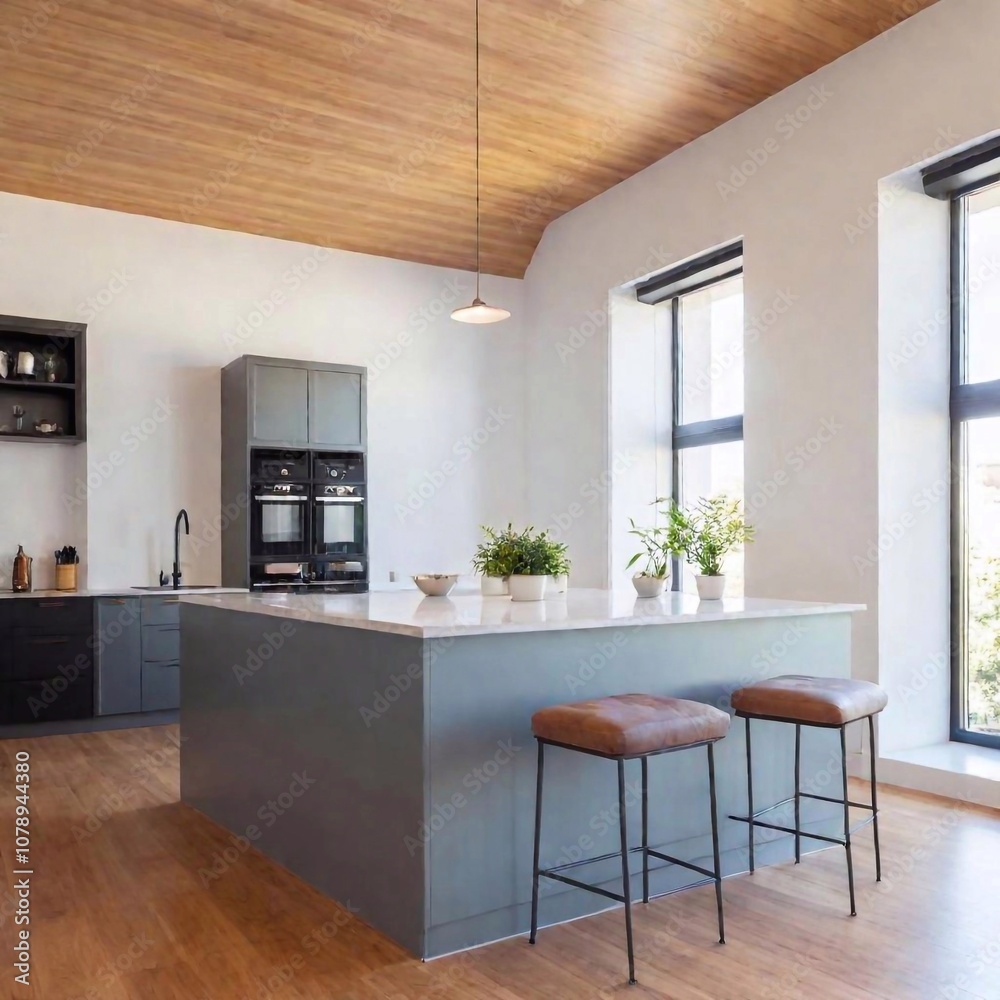 Long Shot of a Stylish Open-Concept Kitchen with a Dining Area: A low ...