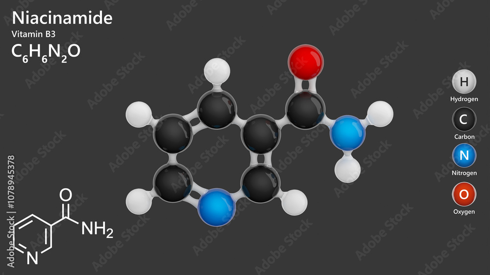 Molecule: Niacinamide. B3 vitamin. Molecular structure. Formula ... Molecule: Niacinamide. B3 vitamin. Molecular structure. Formula ...