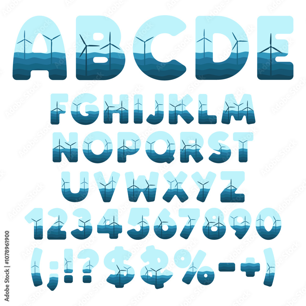 Font, alphabet with waves and windmills, wind turbines. Isolated vector ...