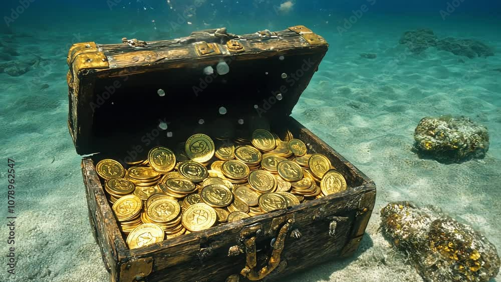 A treasure chest full of gold coins lies on the ocean floor. The chest ...