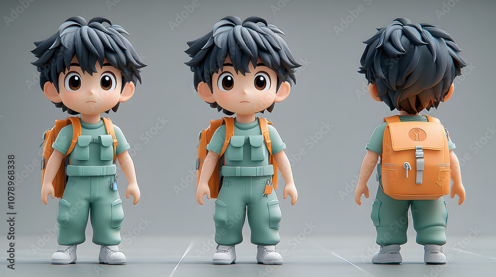 A cute boy character design model sheet showcasing three distinct views ...