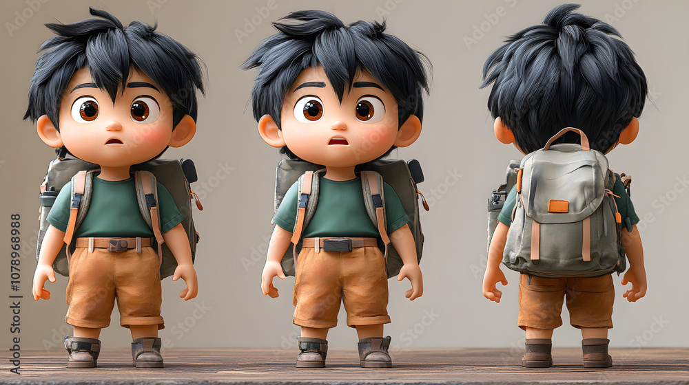 A cute boy character design model sheet showcasing three distinct views ...