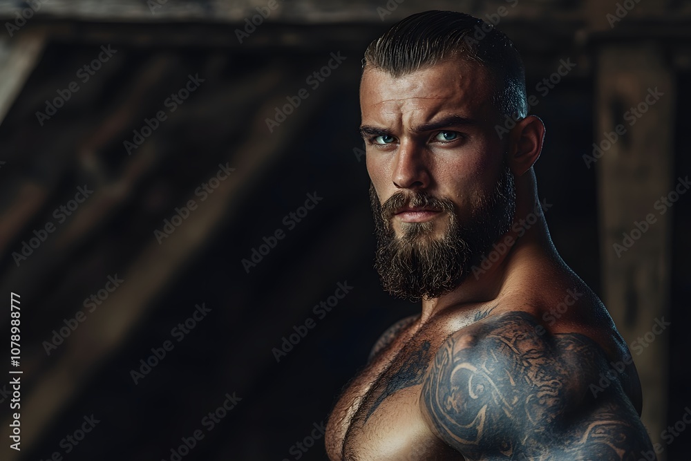 serious muscular tattooed man with a beard and tattoos in the forest in ...