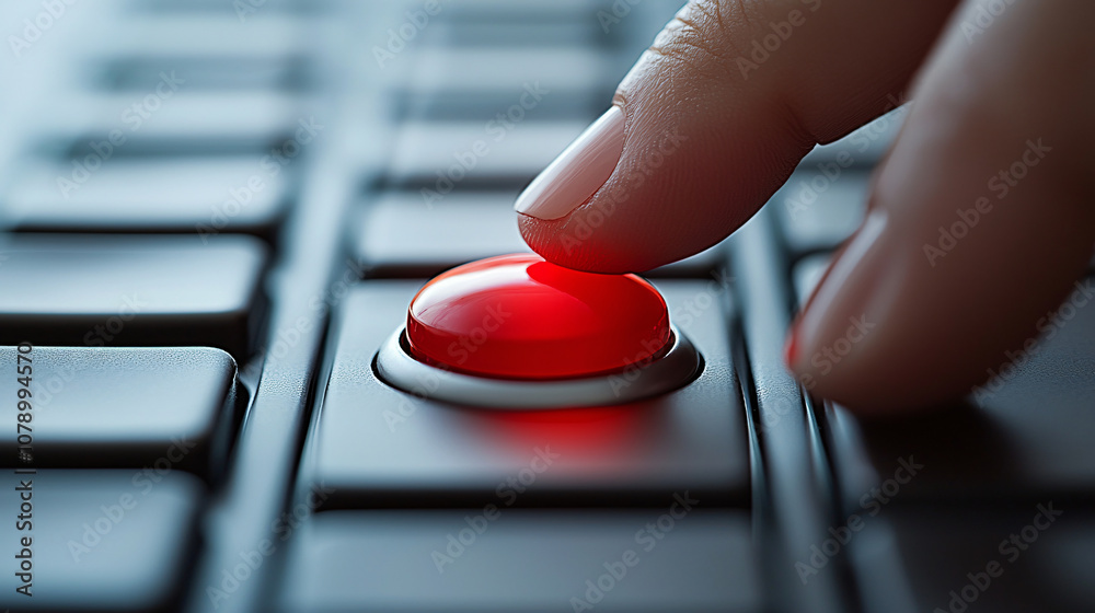 Close up of person hand hovering over red alert button on keyboard ...