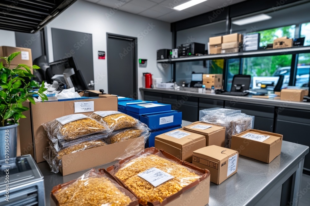 Evidence room with sealed bags, boxes, and labeled items on metal ...