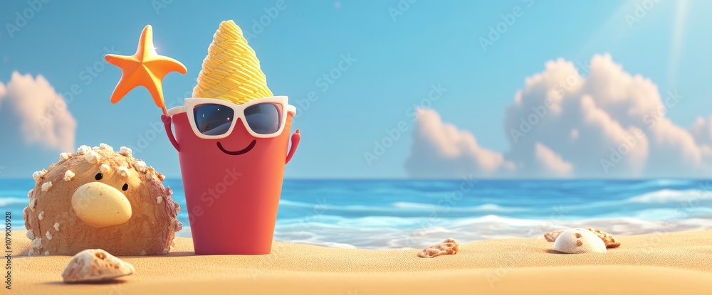 Cute Cartoon Ice Cream Cone and Sandcastle Friends on the Beach Stock ...