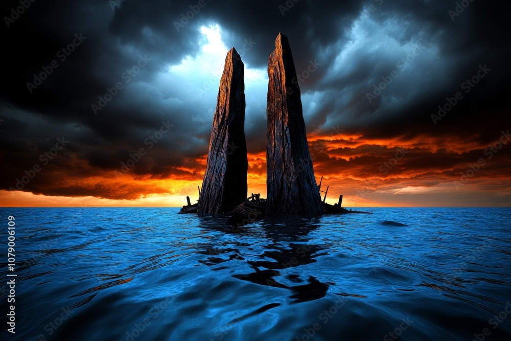 Gothic-inspired ocean scene with dark, stormy waters and a looming ...