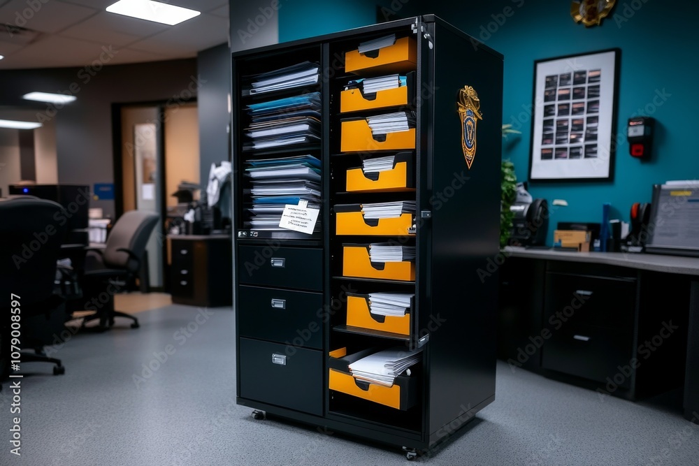 Open file cabinet with labeled files in a police station, representing ...