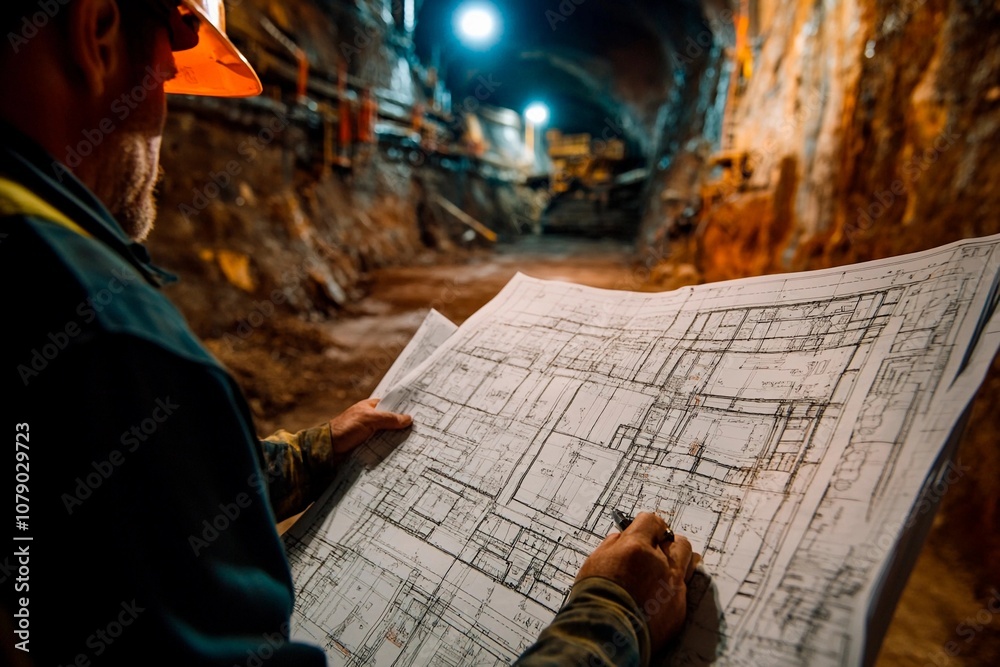 Construction worker examines blueprints in an underground tunnel ...