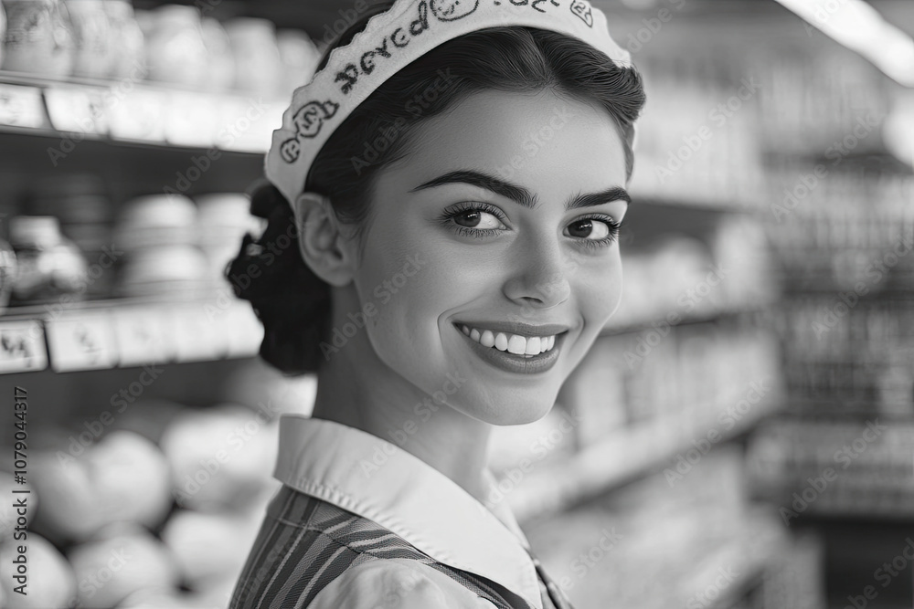 Smiling beautiful young woman, saleswoman in dairy department of store ...