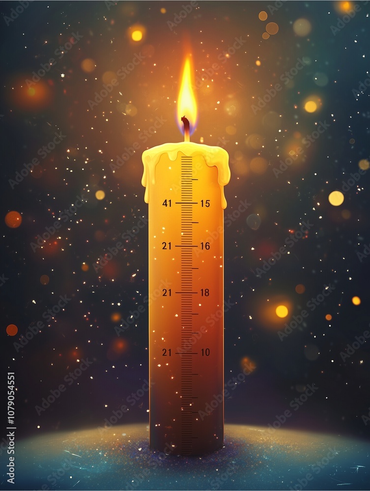 A brightly lit candle with measuring marks along its height ...