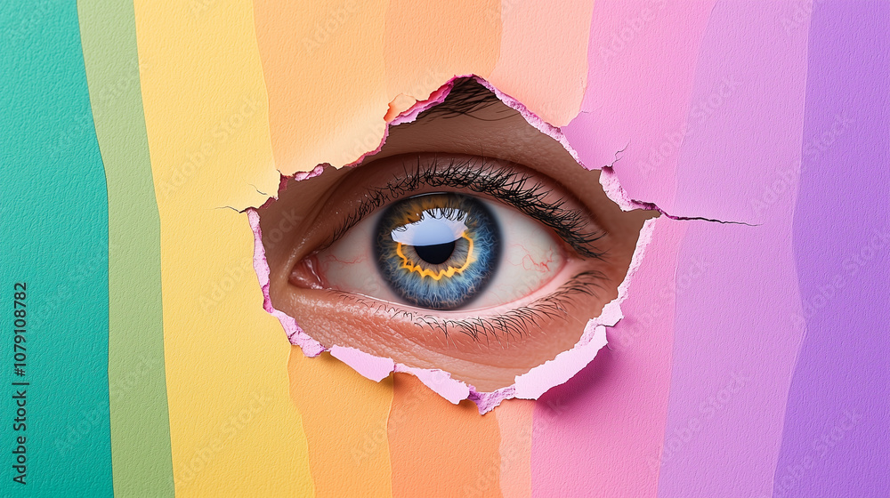 An Intriguing Eye Peers Through a Vibrant Hole in a Rainbow Wall ...