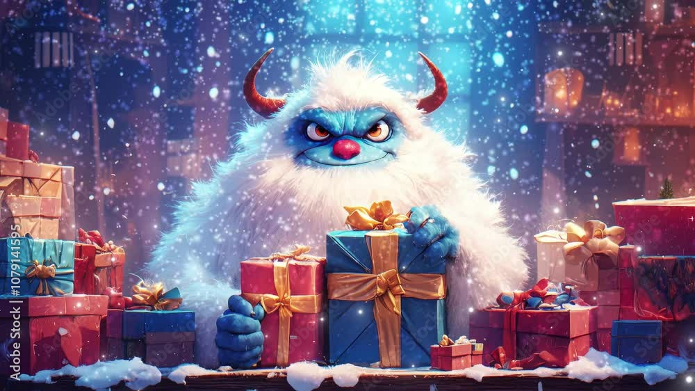 A mischievous yeti gathers vibrant presents amidst a magical winter ...