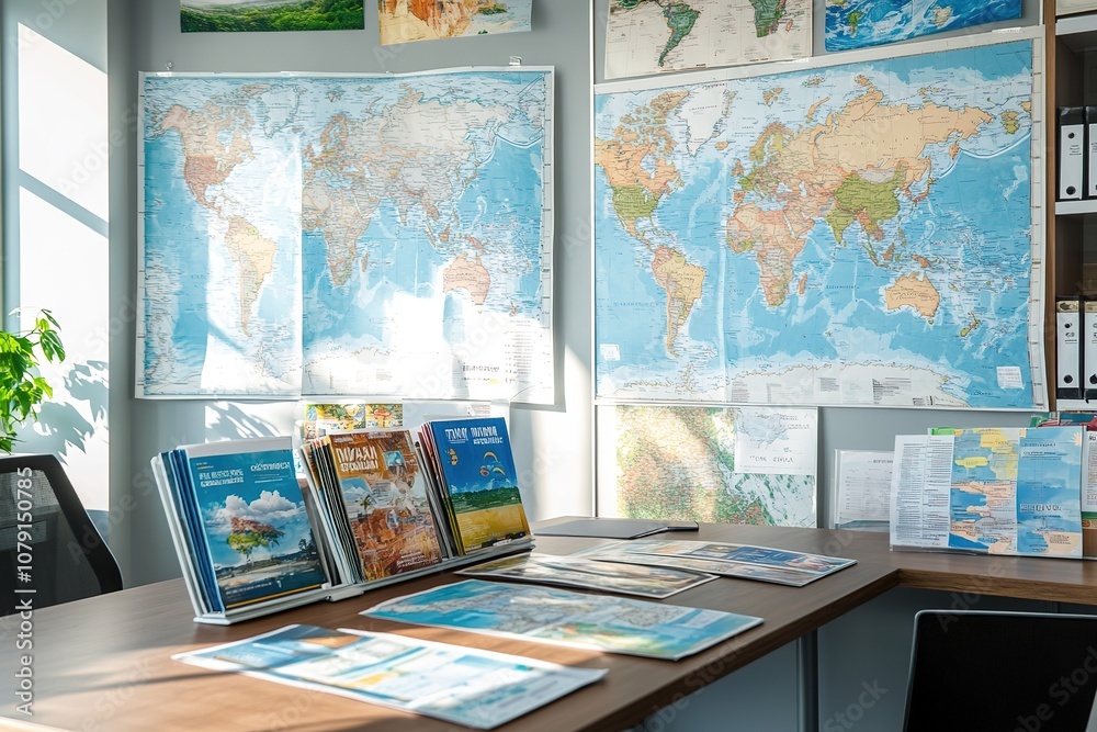 Sunny travel agency office with world maps and brochures Stock Photo ...