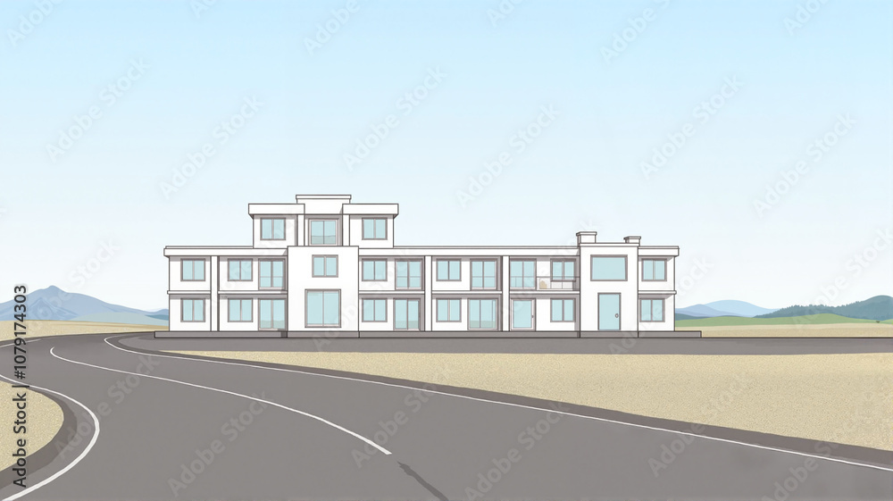 Architectural drawing of commercial building on open road Stock ...