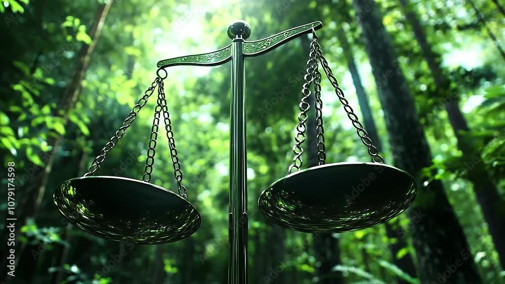 The scales of justice appear suspended between towering trees and leafy ...