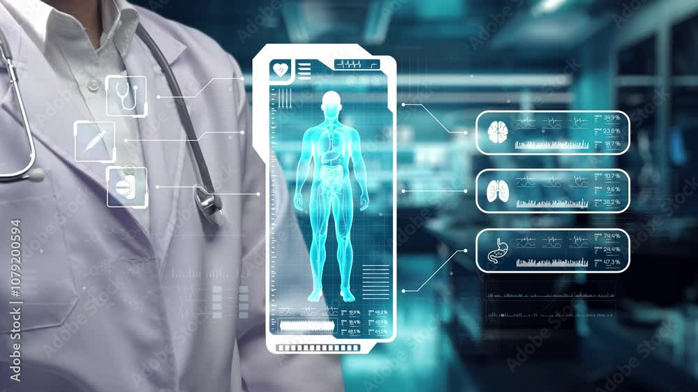 Close up of doctor pointing at human anatomy hologram while standing at ...