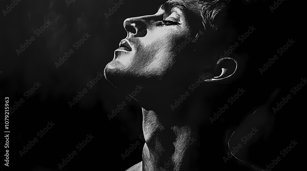 Profile of a man in dramatic lighting. the black and white image ...
