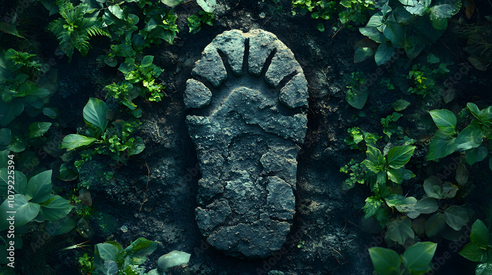 A top-down view of a large shoe print in the forest, captured with a ...