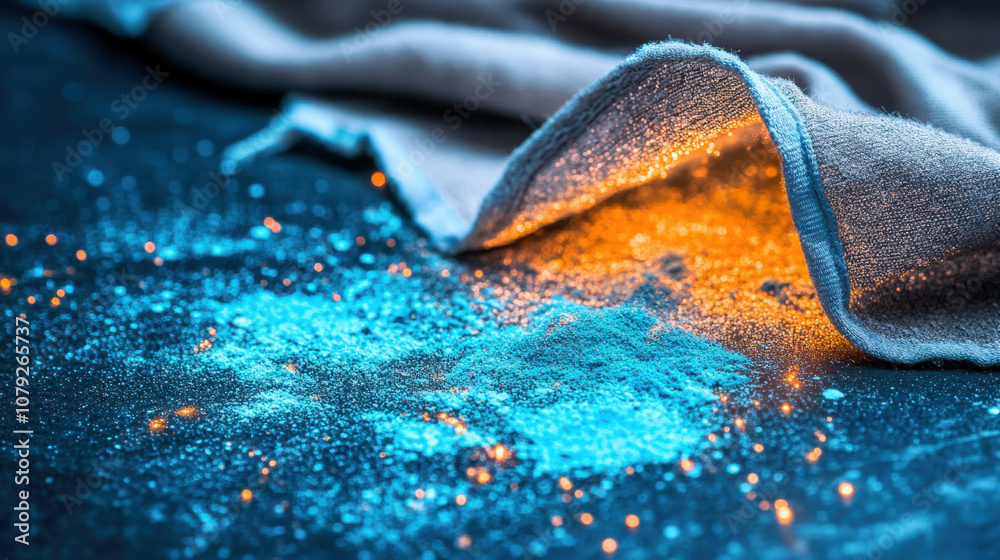 luminol test. A vibrant cloth partially covering sparkling blue and ...