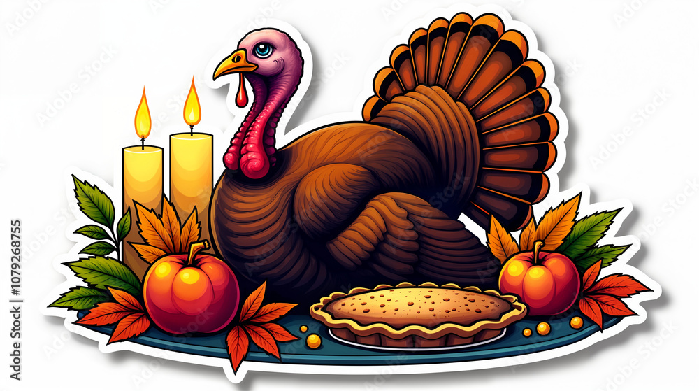 Artistic Thanksgiving Sticker Featuring a Cozy Turkey Among Autumn ...