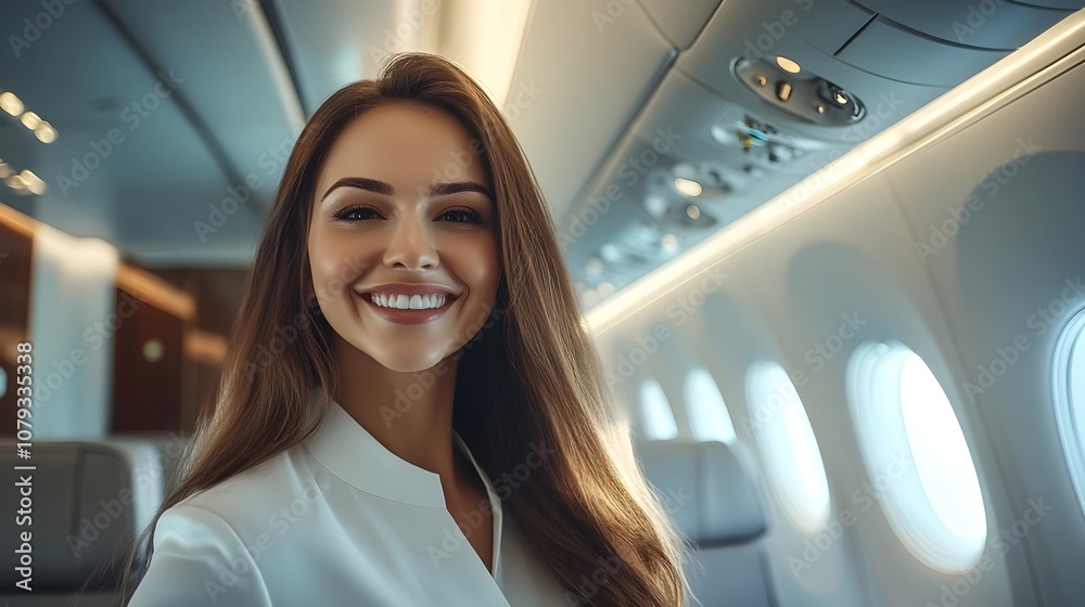 Woman Smiling Inside Airplane Cabin Focused on Passenger Seat with ...