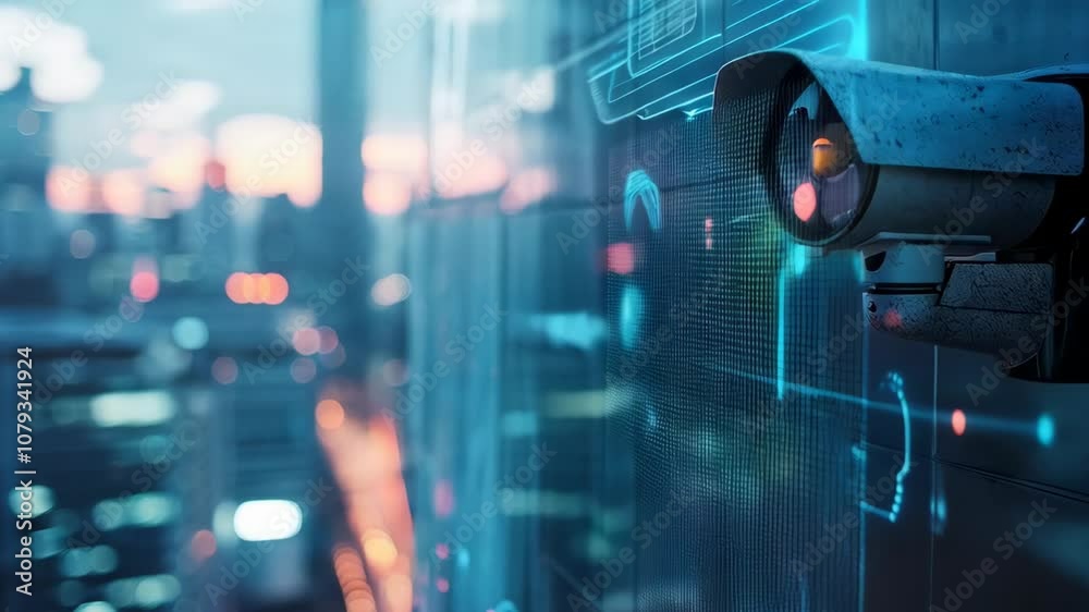 CCTV camera with digital interface in city background. Future Ai ...