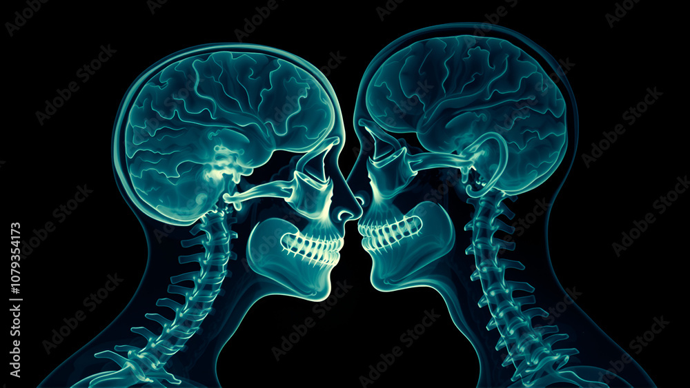 Brain sharpening X ray image of two heads kissing emphasizing the deep ...