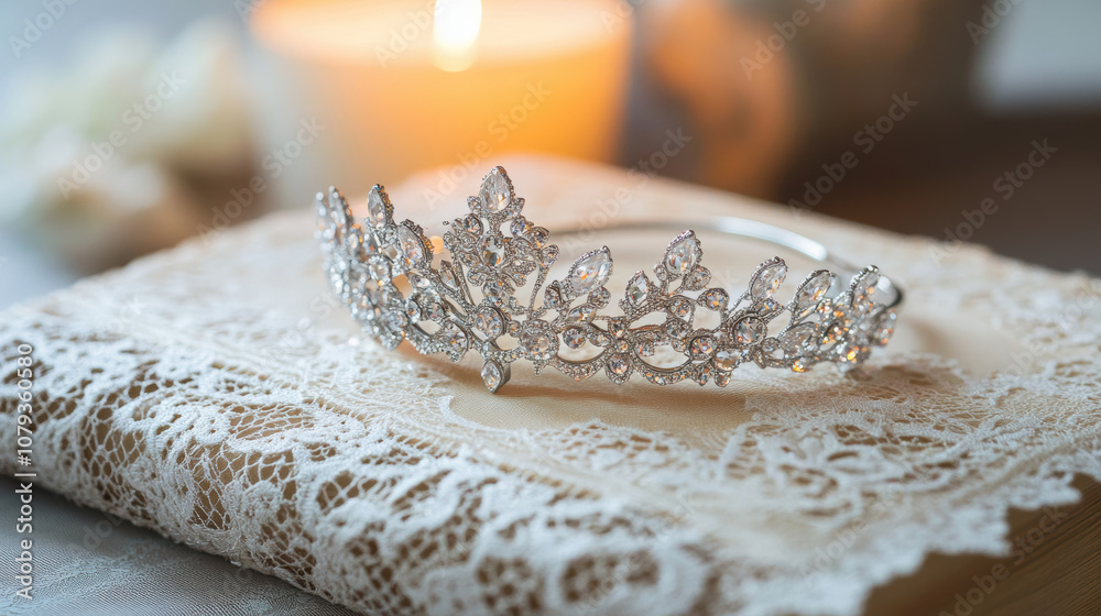 Exquisite bridal tiara set on lace fabric with candlelight glow, adding ...