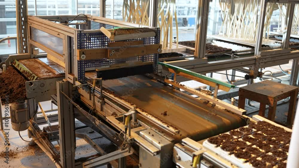 Pallets of pots seeded in advance, automatically filled with soil mix ...