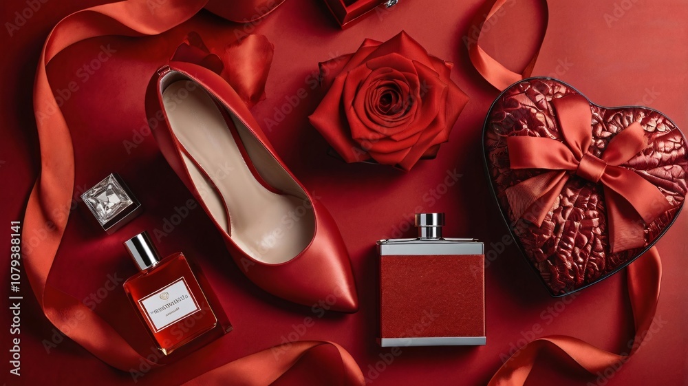 Leather bag, red rose, perfume and High Heels in Black and Red, with ...